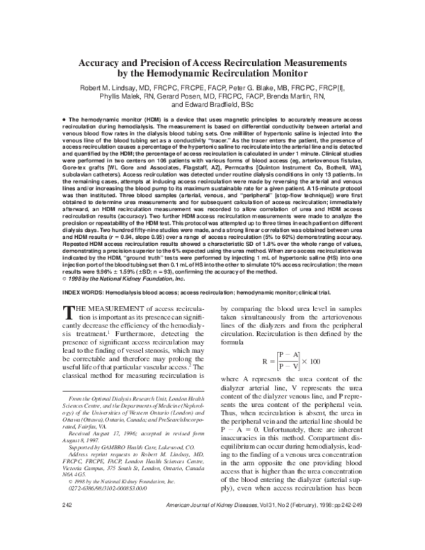(PDF) Accuracy and precision of access recirculation measurements by ...