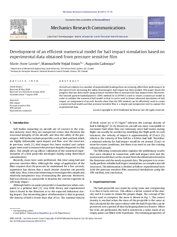 (PDF) Development of an efficient numerical model for hail impact ...
