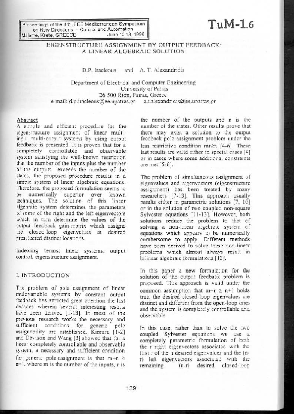 Pdf Eigenstructure Assignment By Output Feedback Dimitris Iracleous 