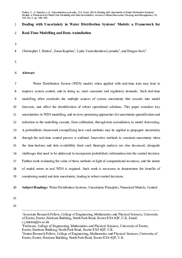 (PDF) Dealing with Uncertainty in Water Distribution System Models: A Framework for Real-Time ...