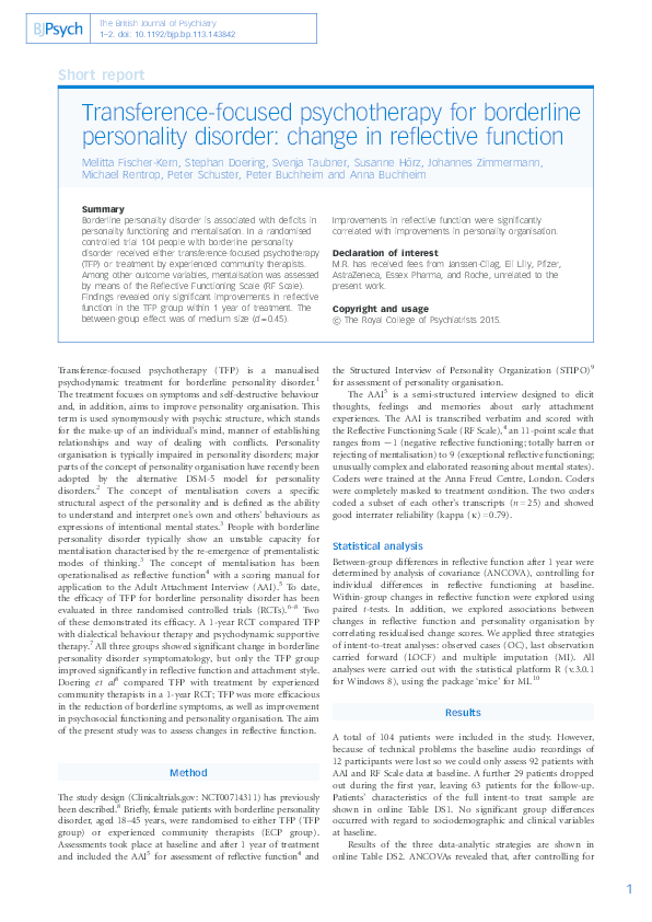 (PDF) Transference-focused psychotherapy for borderline personality ...