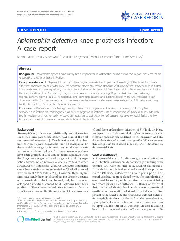 (PDF) Abiotrophia defectiva knee prosthesis infection: A case report