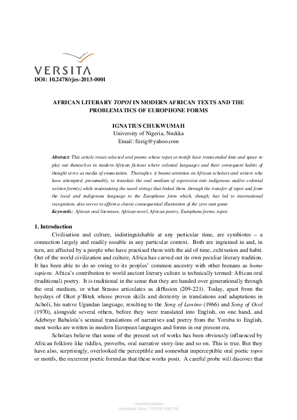 (PDF) African Literary Topoi in Modern African Texts and the ...
