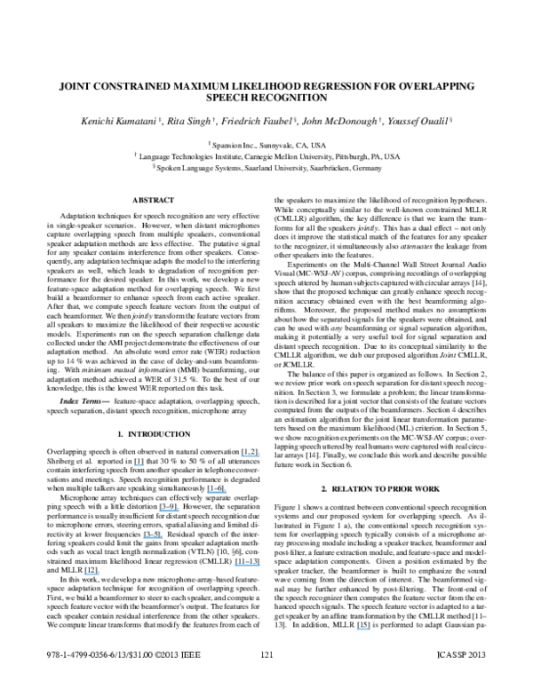 Pdf Joint Constrained Maximum Likelihood Regression For Overlapping Speech Recognition 