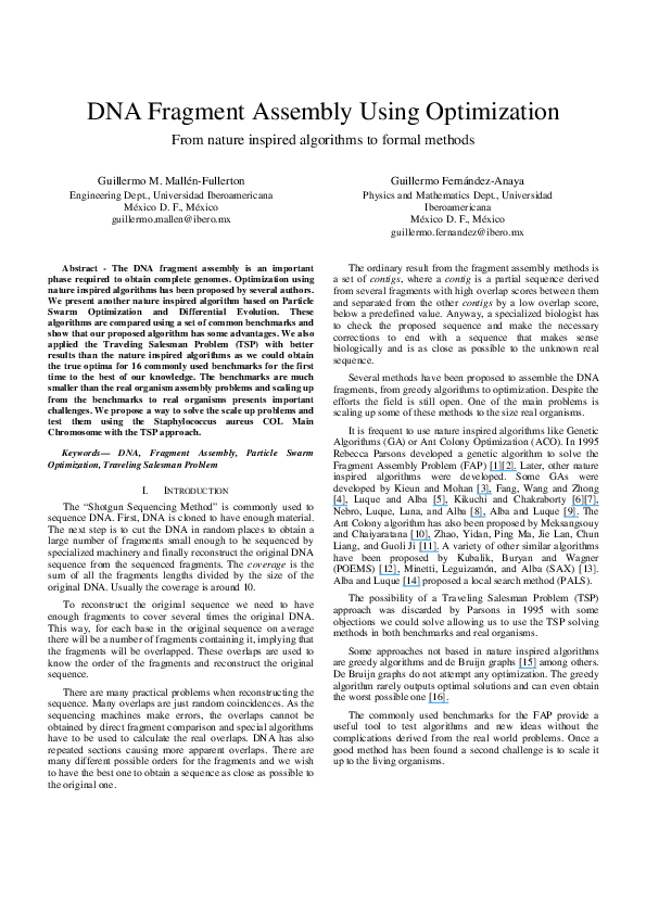 Pdf Dna Fragment Assembly Using Optimization Guillermo Fernandez Anaya