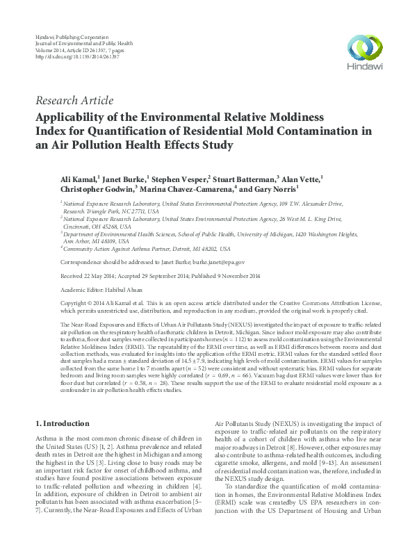 (PDF) Applicability of the Environmental Relative Moldiness Index for ...