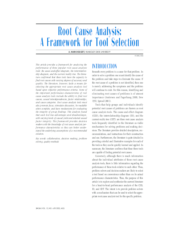 (PDF) Root cause analysis: A framework for tool selection