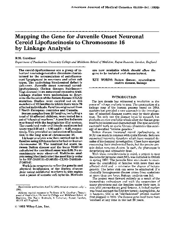 Pdf Mapping The Gene For Juvenile Onset Neuronal Ceroid