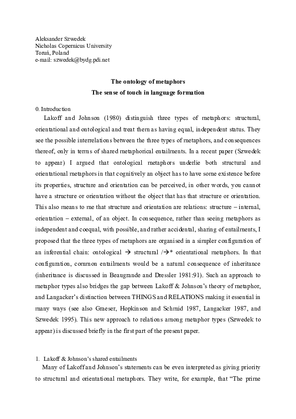 (DOC) The ontology of metaphors The sense of touch in language formation