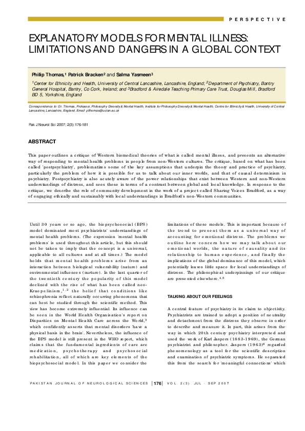 (PDF) EXPLANATORY MODELS FOR MENTAL ILLNESS: LIMITATIONS AND DANGERS IN ...