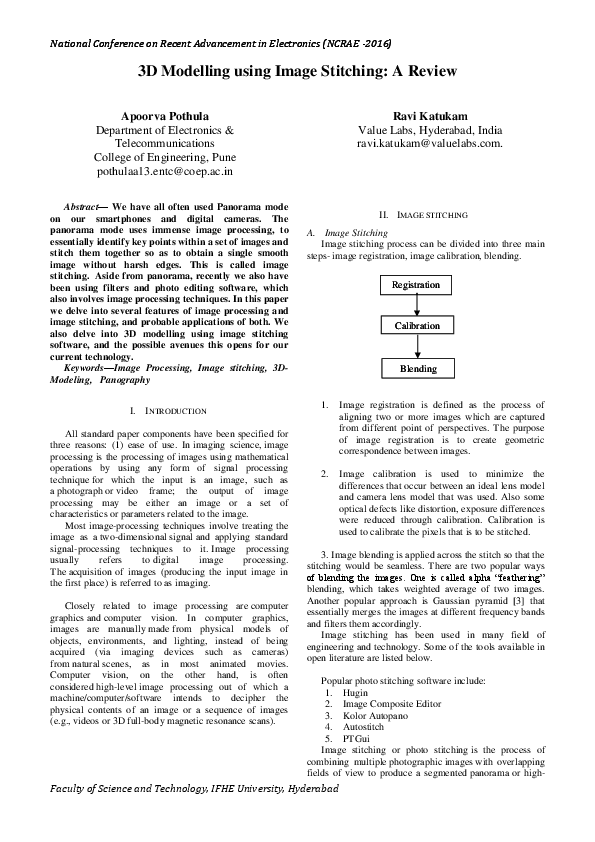 (PDF) 3D Modelling using Image Stitching: A Review