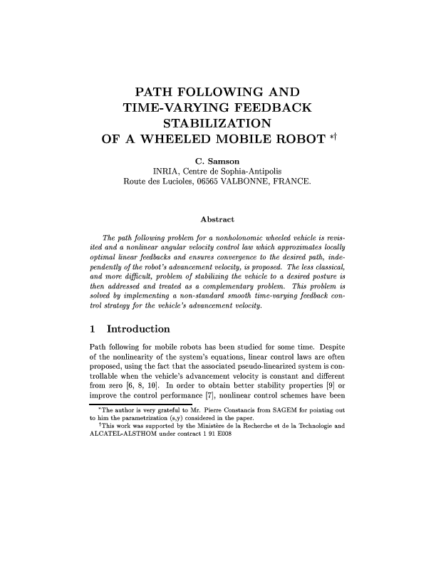 (PDF) Path following and time-varying feedback stabilization of a wheeled mobile robot