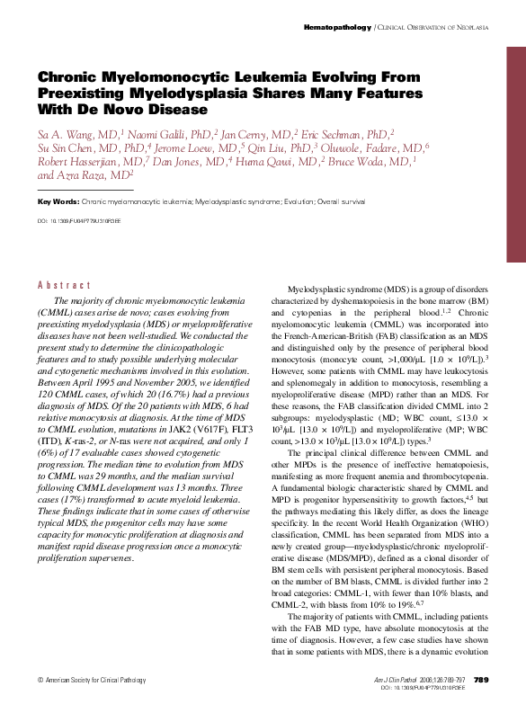 (PDF) Chronic Myelomonocytic Leukemia Evolving From Preexisting Myelodysplasia Shares Many ...