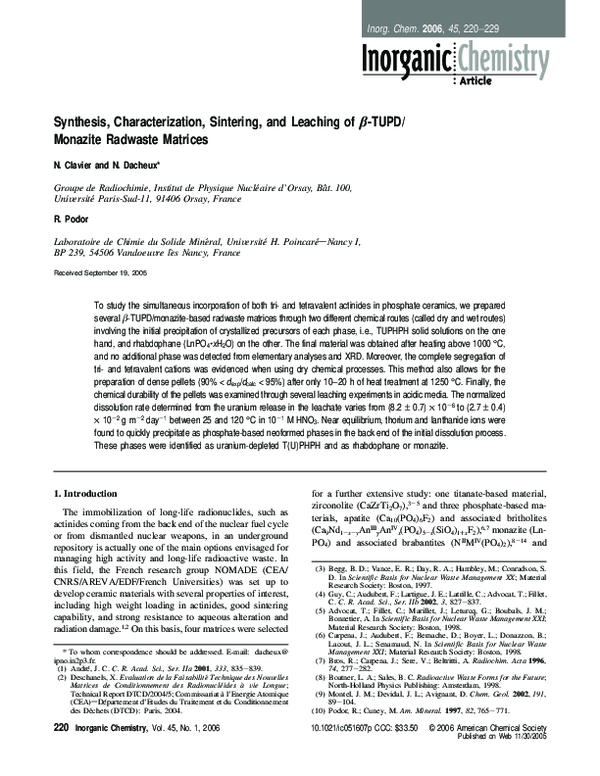 (PDF) Synthesis, Characterization, Sintering, and Leaching of β-TUPD ...