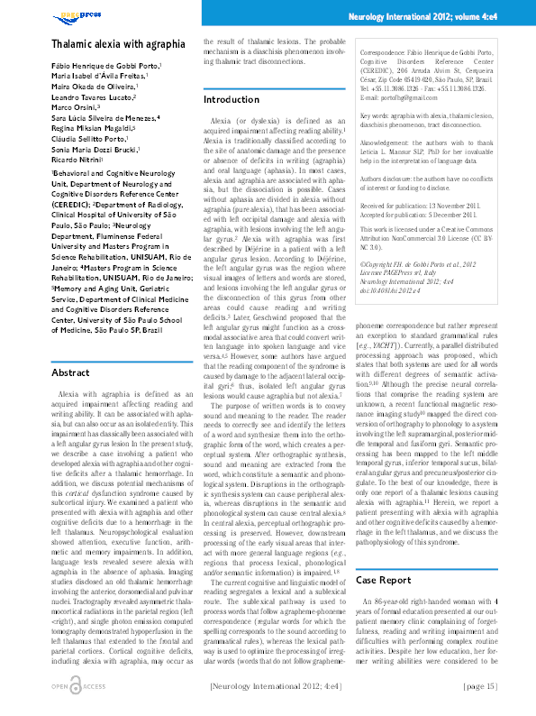 (PDF) Thalamic alexia with agraphia