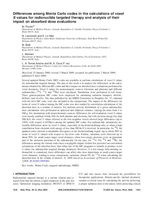 (PDF) Differences among Monte Carlo codes in the calculations of voxel S values for radionuclide ...