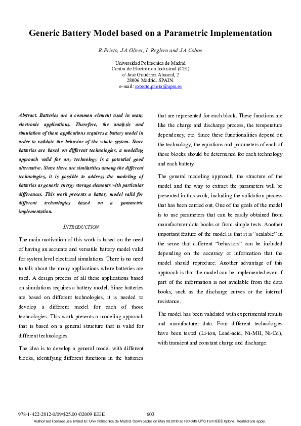 (PDF) Generic Battery Model based on a Parametric Implementation
