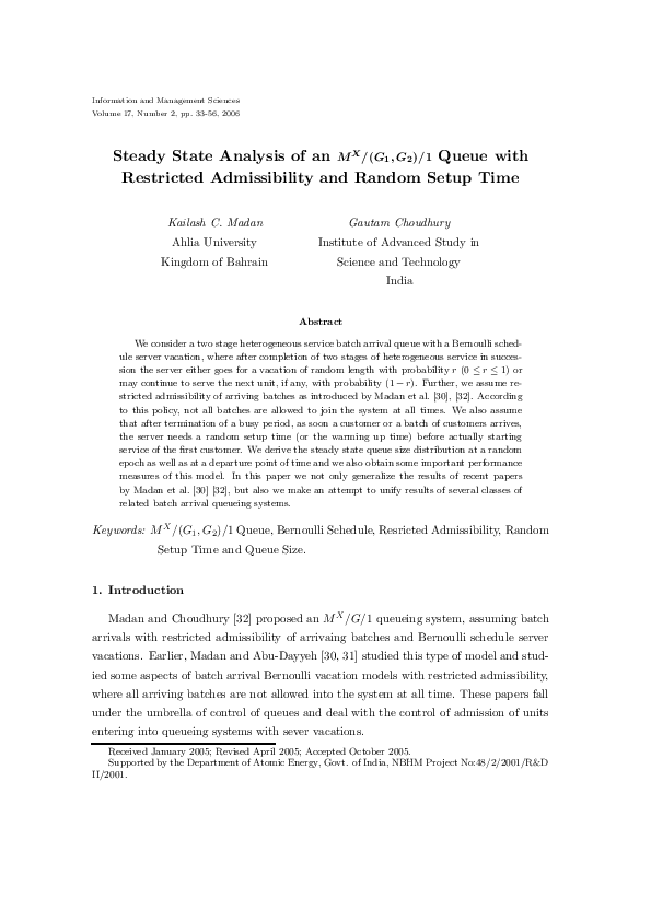 (PDF) Steady State Analysis of an Mx/(G1, G2)/Queue with Restricted Admissibility and Random ...