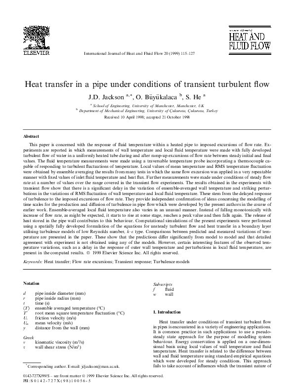 (PDF) Heat transfer in a pipe under conditions of transient turbulent flow