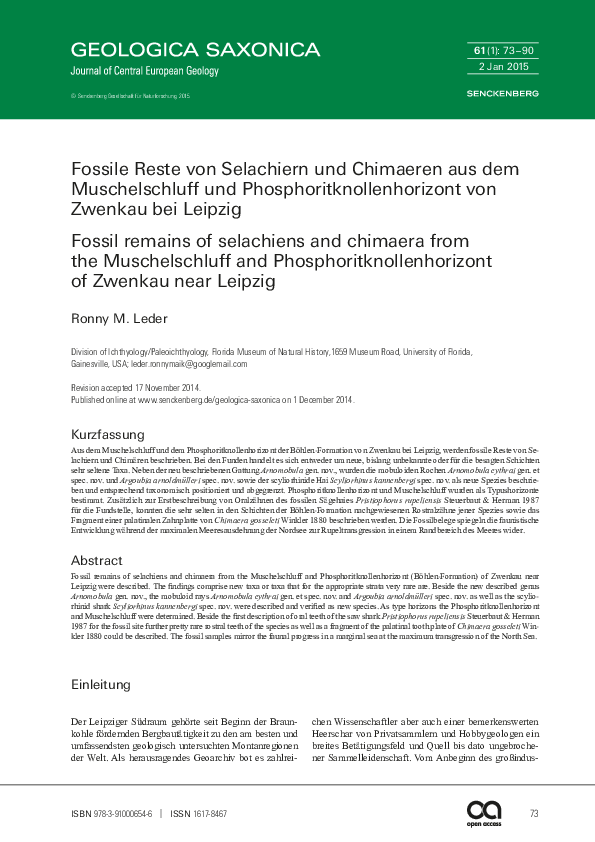 (PDF) Fossil remains of selachiens and chimaera from the Muschelschluff ...