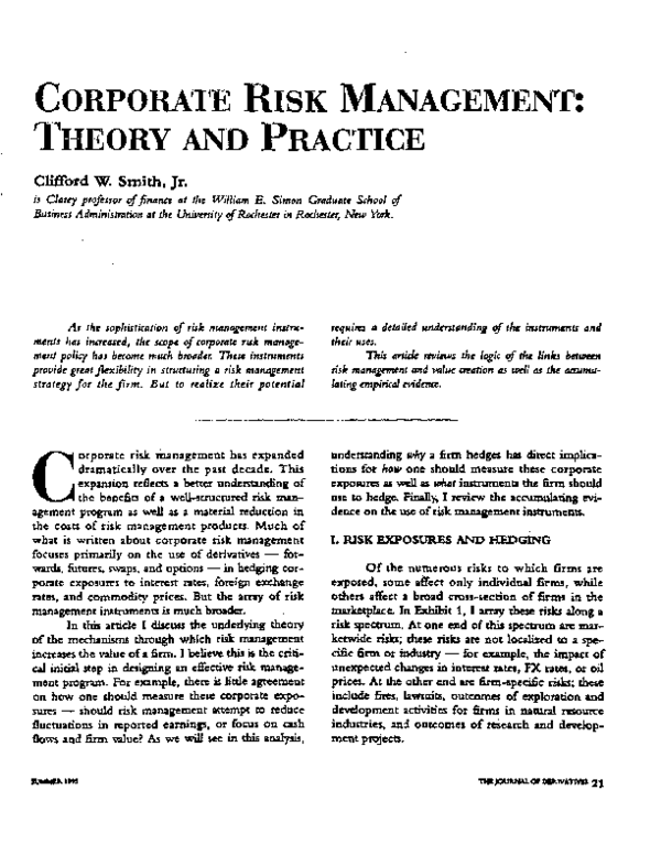 (PDF) Corporate Risk Management: Theory and Practice
