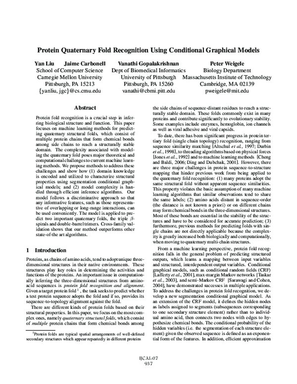 Pdf Protein Quaternary Fold Recognition Using Conditional Graphical Models Vanathi