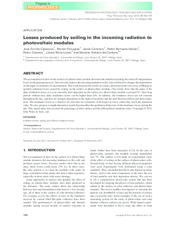 (PDF) Losses produced by soiling in the incoming radiation to photovoltaic modules