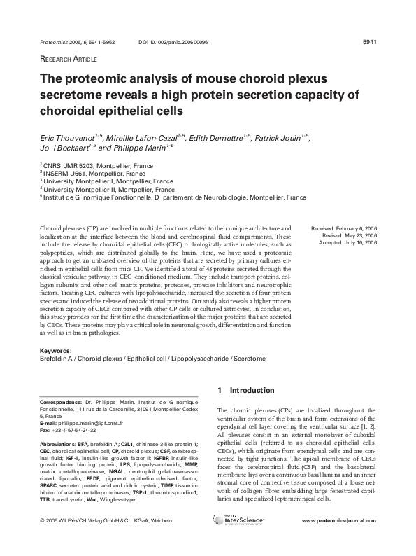 (PDF) The proteomic analysis of mouse choroid plexus secretome reveals ...