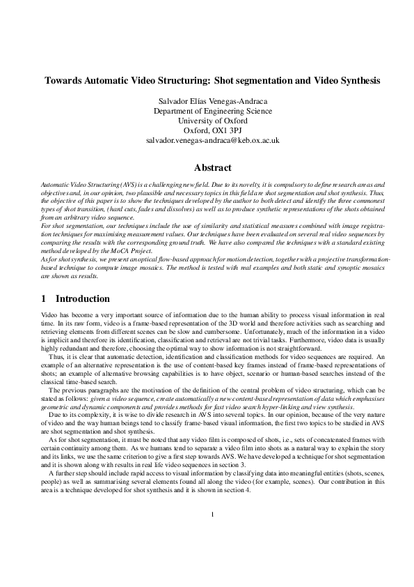 (PDF) Towards Automatic Video Structuring: Shot segmentation and Video Synthesis