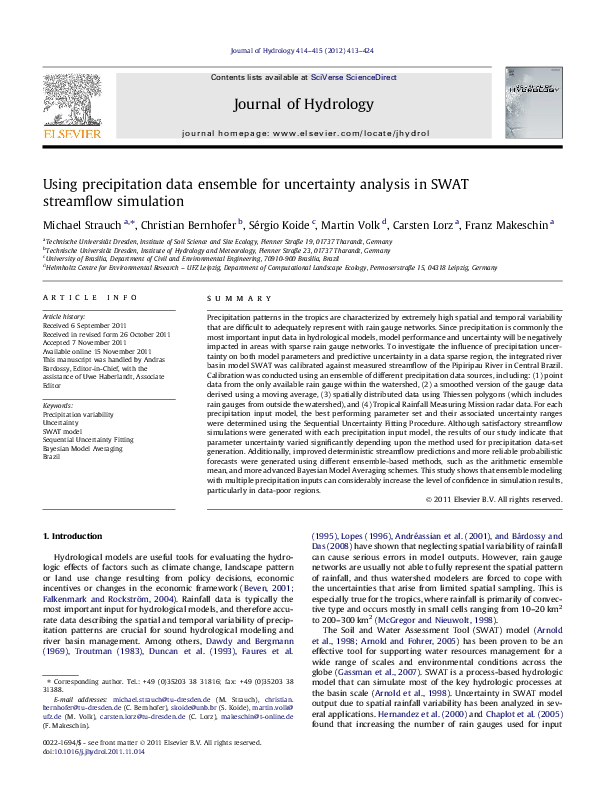 (PDF) Using precipitation data ensemble for uncertainty analysis in SWAT streamflow simulation