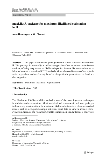 Pdf Maxlik A Package For Maximum Likelihood Estimation In R