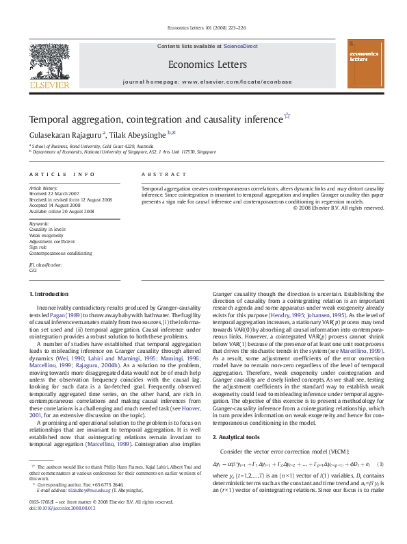 (PDF) Temporal aggregation, cointegration and causality inference