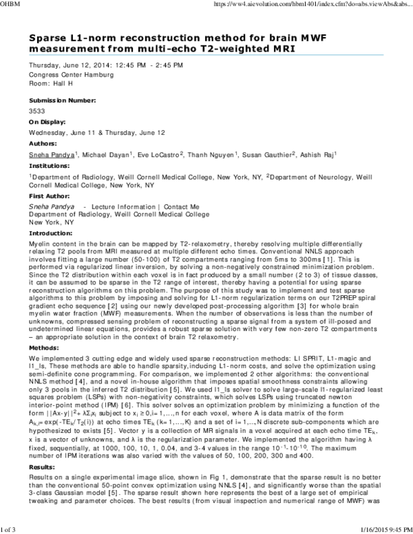 (PDF) Sparse reconstruction method using L1-norm for whole brain myelin water fraction analysis