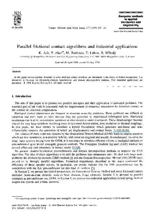 Pdf Parallel Frictional Contact Algorithms And Industrial Applications