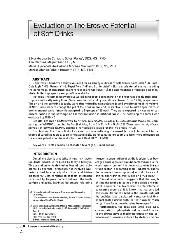 (PDF) Evaluation of The Erosive Potential of Soft Drinks