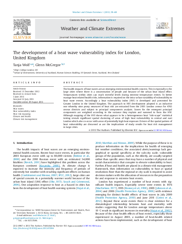 (PDF) The development of a heat wave vulnerability index for London, United Kingdom