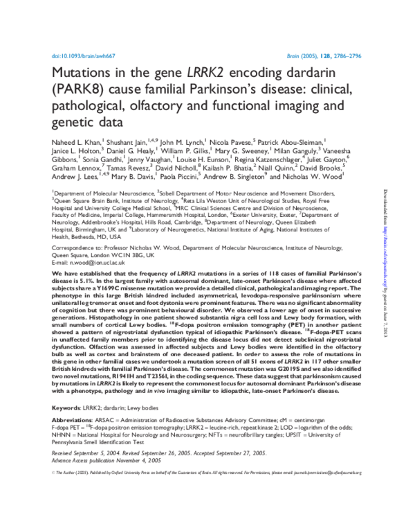 (PDF) Mutations in the gene LRRK2 encoding dardarin (PARK8) cause ...
