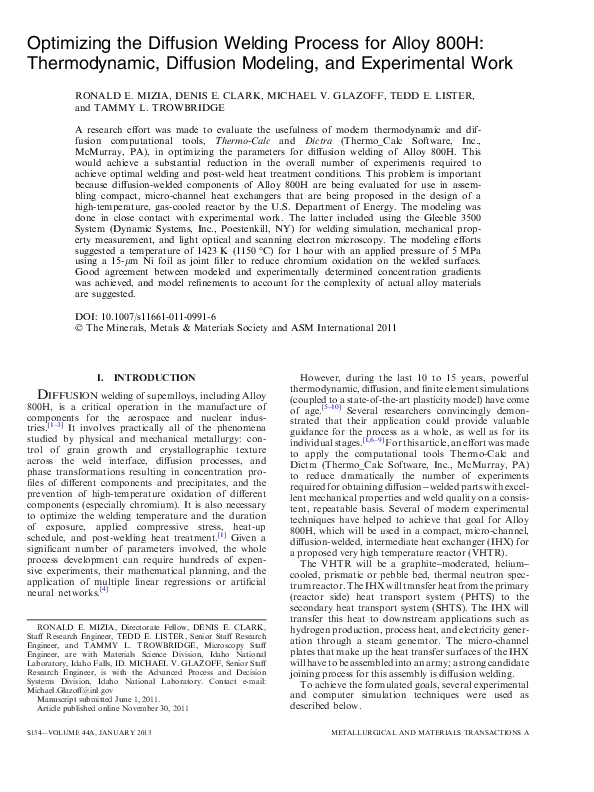(PDF) Optimizing the Diffusion Welding Process for Alloy 800H: Thermodynamic, Diffusion Modeling ...