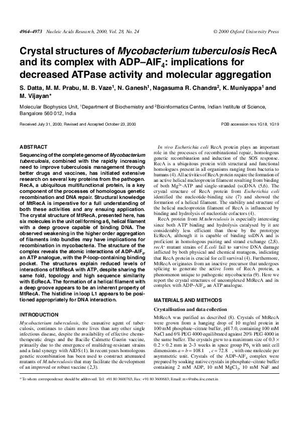 (PDF) Crystal structures of Mycobacterium tuberculosis RecA and its ...