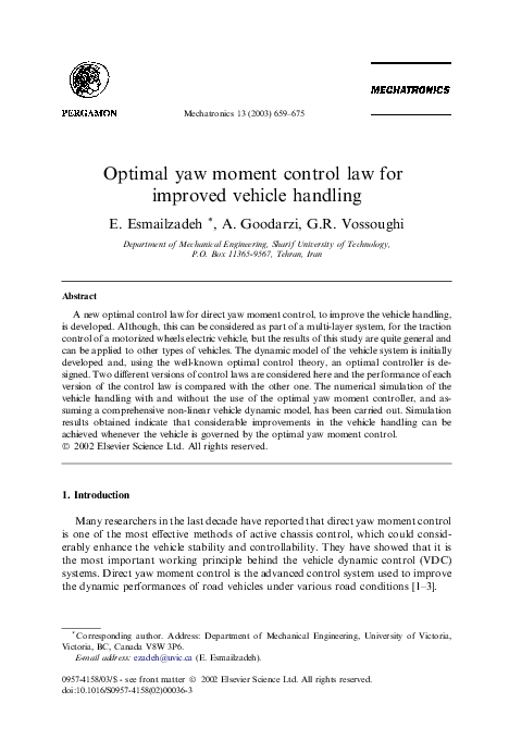 (PDF) Optimal yaw moment control law for improved vehicle handling
