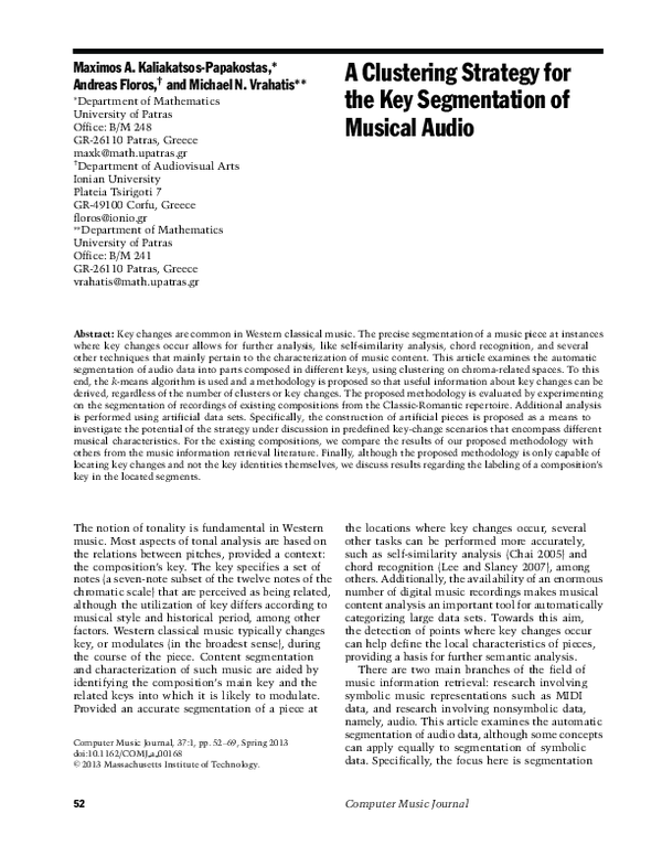 (PDF) A Clustering Strategy for the Key Segmentation of Musical Audio