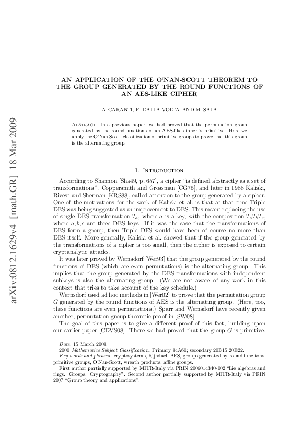(PDF) AN APPLICATION OF THE O'NAN-SCOTT THEOREM TO THE GROUP GENERATED BY THE ROUND FUNCTIONS OF ...
