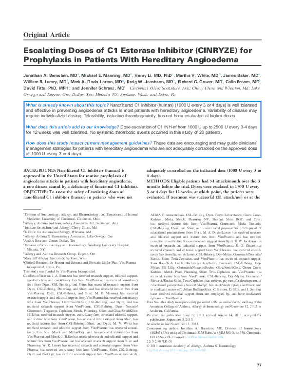 (PDF) Safety and efficacy of pasteurized C1 inhibitor concentrate ...