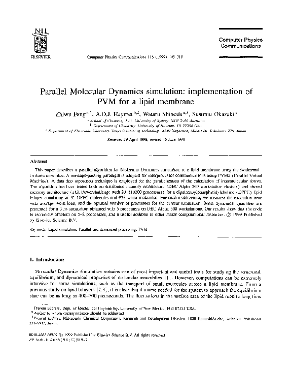 (PDF) Parallel molecular dynamics simulation: Implementation of PVM for a lipid membrane