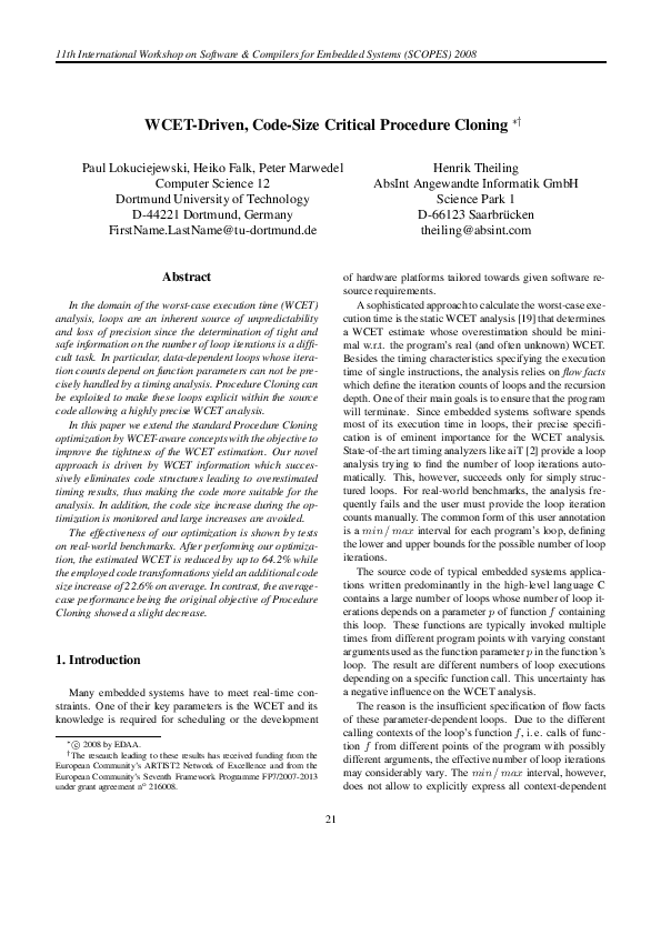 (PDF) WCET-driven, code-size critical procedure cloning