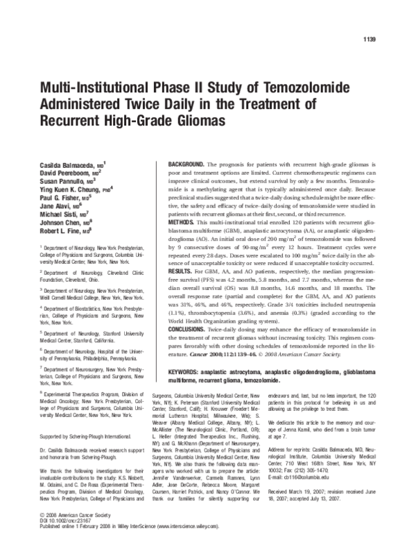 (PDF) Phase 2 study of dose-intense temozolomide in recurrent glioblastoma | Debra Lafrankie ...