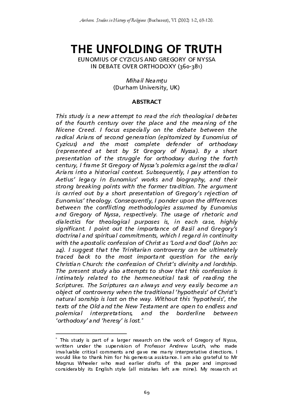(PDF) The Unfolding of Truth. Eunomius of Cyzicus and Gregory of Nyssa ...