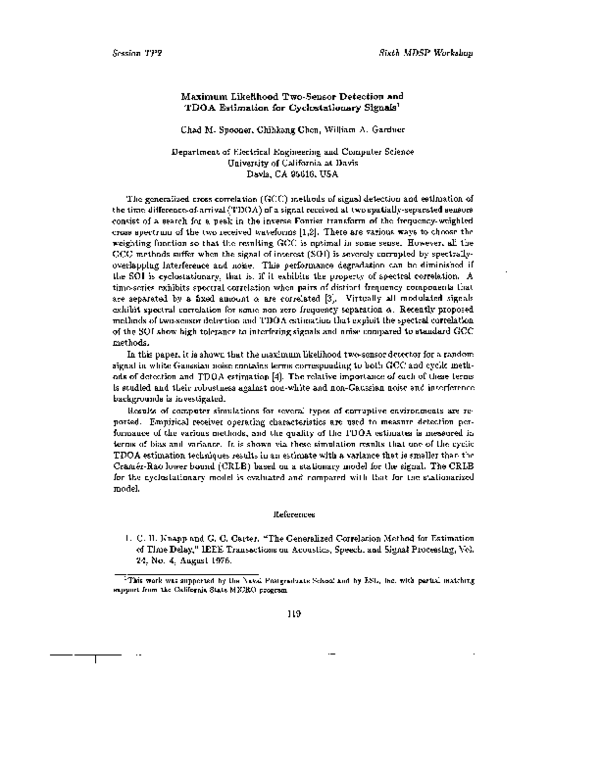 (PDF) Maximum likelihood two-sensor detection and TDOA estimation for cyclostationary signals