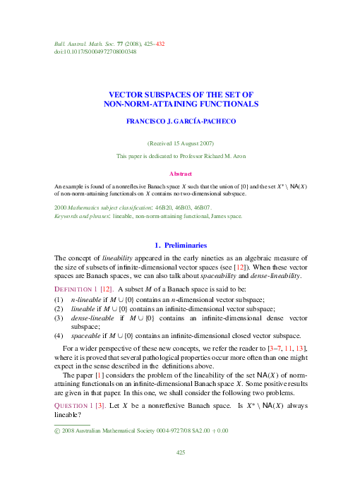 Pdf Vector Subspaces Of The Set Of Non Norm Attaining Functionals