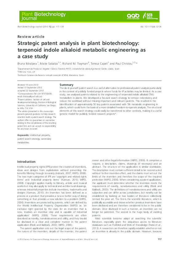 (PDF) Strategic patent analysis in plant biotechnology: terpenoid indole alkaloid metabolic ...